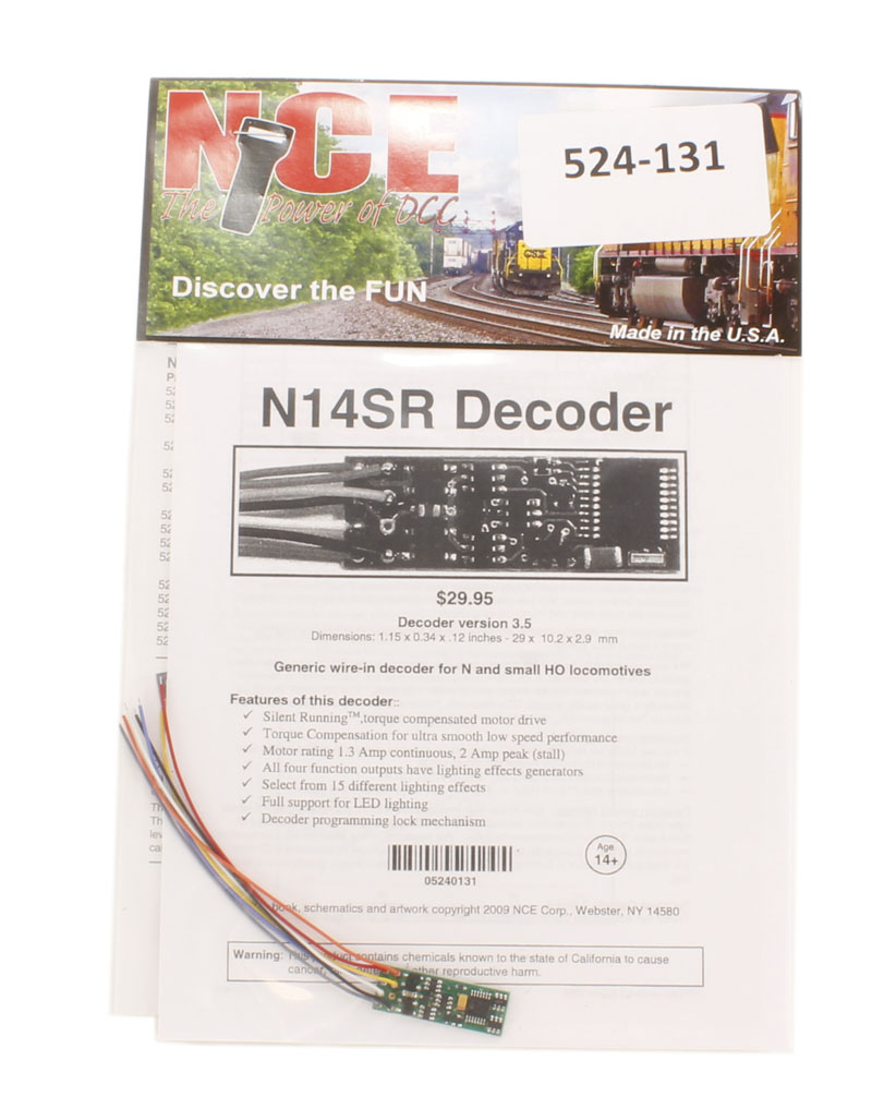 NCE 524-131 4-function 1A (1.25A peak) N14SR wired decoder - Hattons
