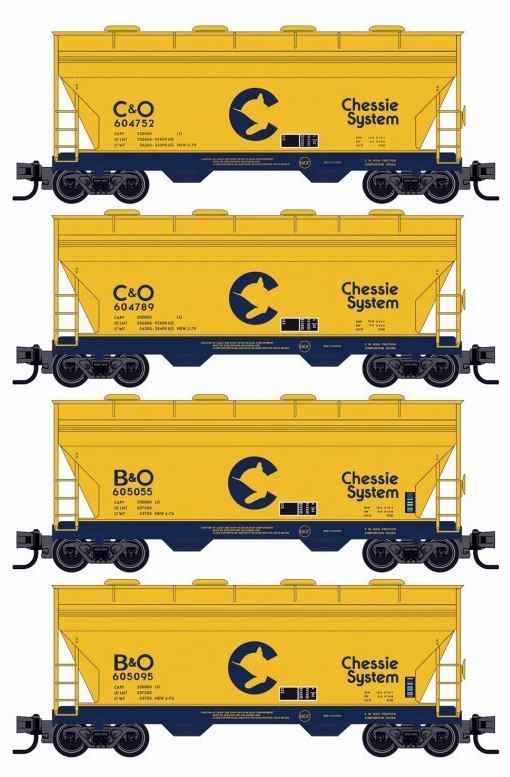 Micro-Trains 98300213M-T 2-Bay Hopper, Chessie System (4-Car Runner Pack)